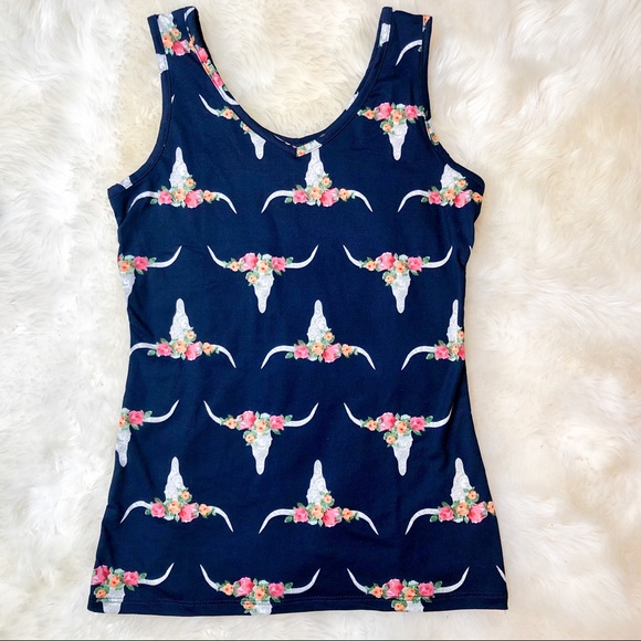 Savvi | Tops | Nwt Cowgirl Steer Skull Floral Print Tank Top | Poshmark